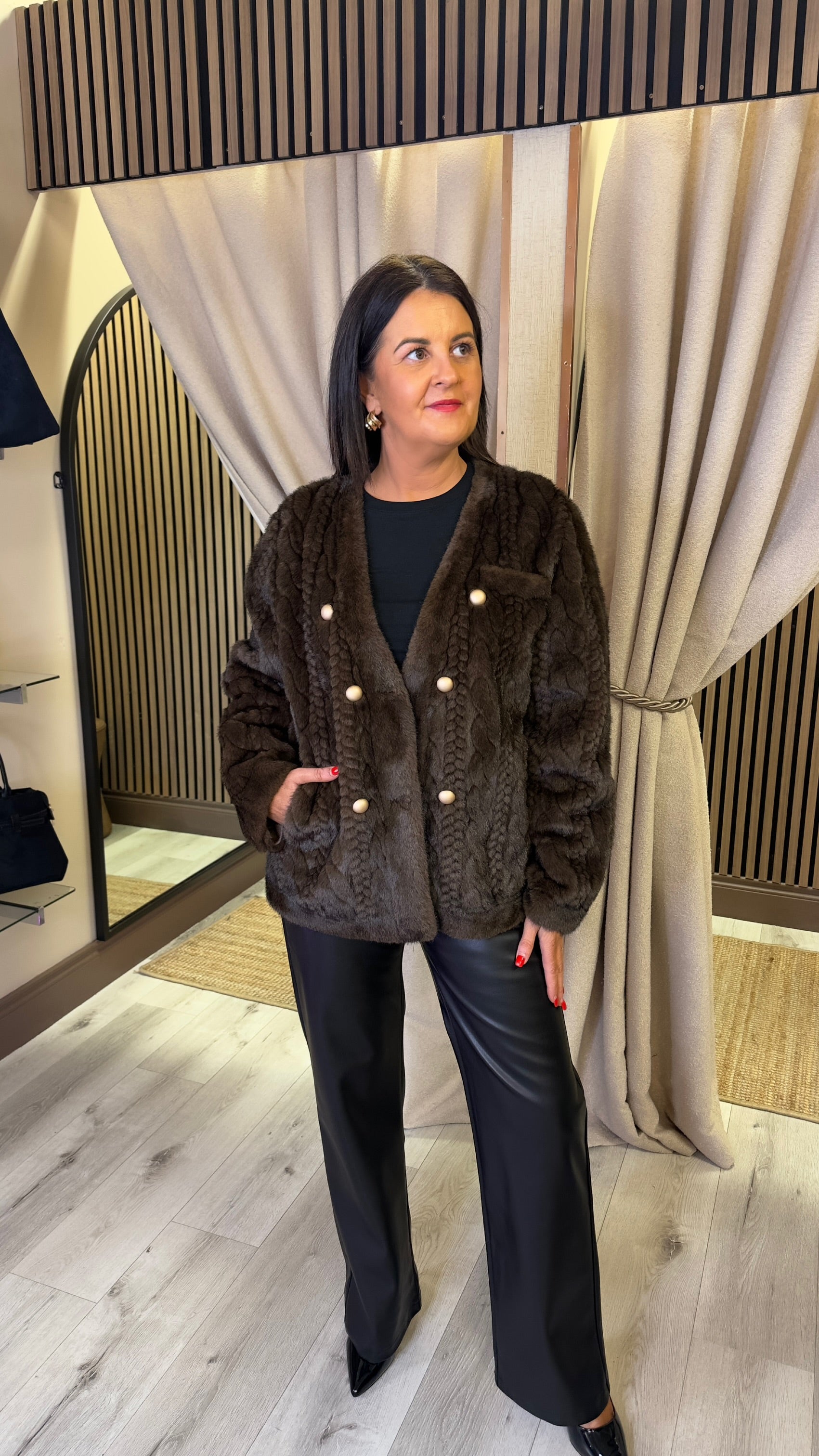 Brown Faux Fur Jacket with Cable Details – COY online